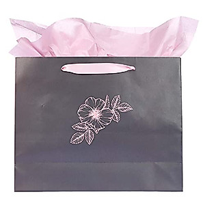 Christian Art Gifts Landscape Gift Bag and Tissue Paper Set - Strength and Dignity - Proverbs 31:25 Inspirational Bible Verse, Pink/Grey Floral, Large