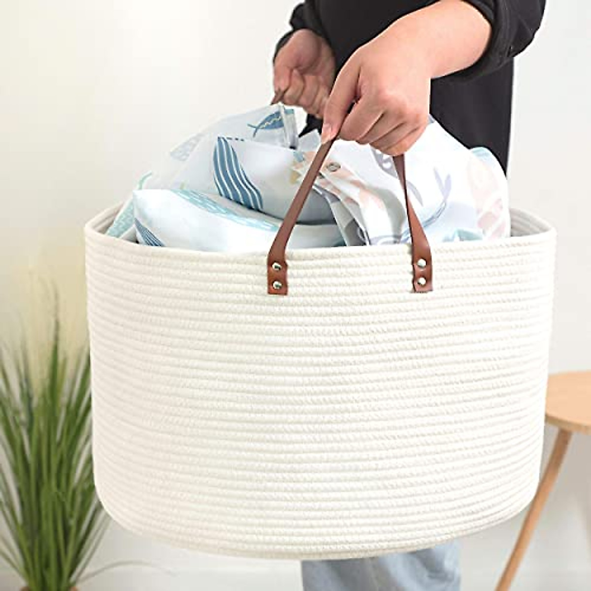 MINTWOOD Design Extra Large 20 x 13 Inches Decorative Cotton Rope Basket, Blanket Basket Living Room, Woven Laundry Basket, Storage Baskets Bin, Round Pillow Towel Basket with Long Handles, White