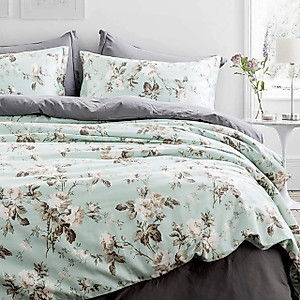 Eikei Home French Country Garden Toile Floral Printed Duvet Quilt Cover Cotton Bedding Set Asian Style Tapestry Pattern Chinoiserie Peony Blossom Tree Branches Multicolored Design (Queen, Light Blue)