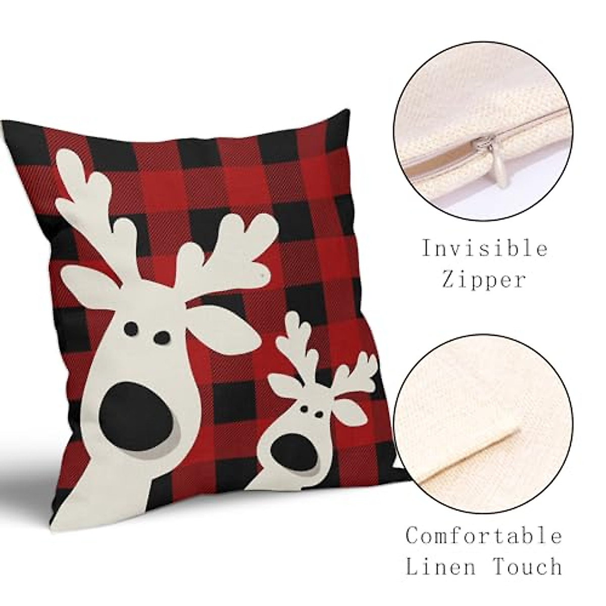 Deer Christmas Pillow Covers 16X16 Inch Xmas Reindeer Black Red Buffalo Plaid Checkered Couch Pillow Cases Set of 2 Winter Holiday Cotton Cushion Case Farmhouse Home Decor For Bed Sofa Couch Room