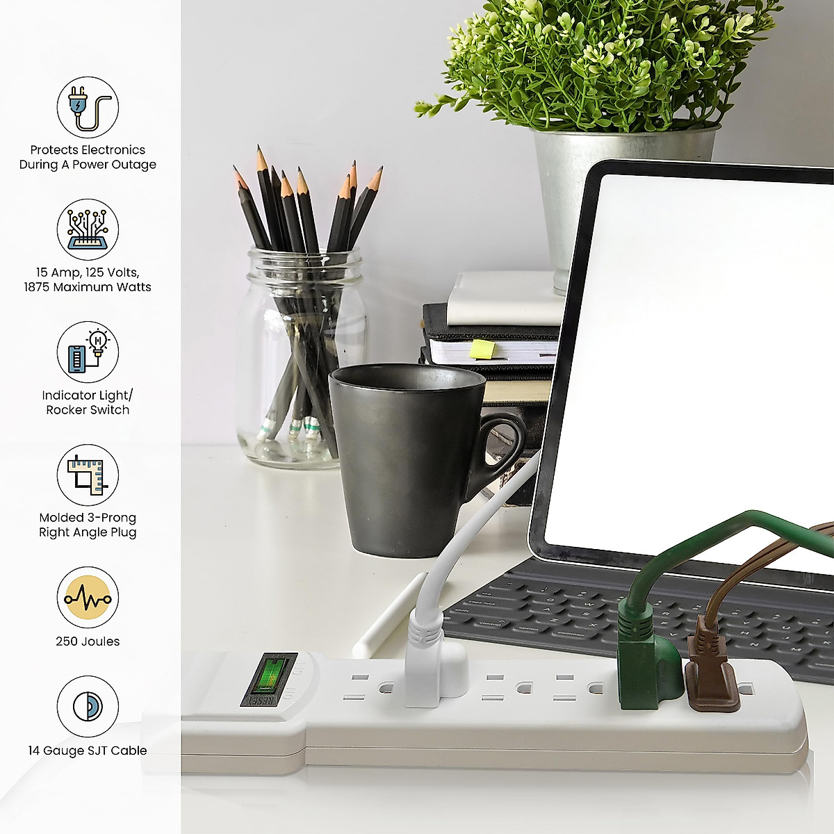 Go Green Power GG-16106MS Surge Protector, 6 FT, White, 6 FT