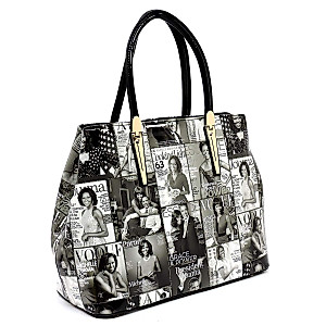 JUNZUP Glossy Magazine Cover Collage Michelle Obama Printed Satchel Bag + Envelope Clutch + Wallet 3pcs Set (Grey/Bk)