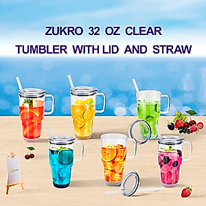 Zukro 32 oz Drinking Glass Tumbler with Handle, Iced Coffee Cup with Straw and Lid, Reusable Clear Glass Water Cup With Silicone Bumper Fits In Cup Holder, Dishwasher Safe, BPA Free, Bluehorizon