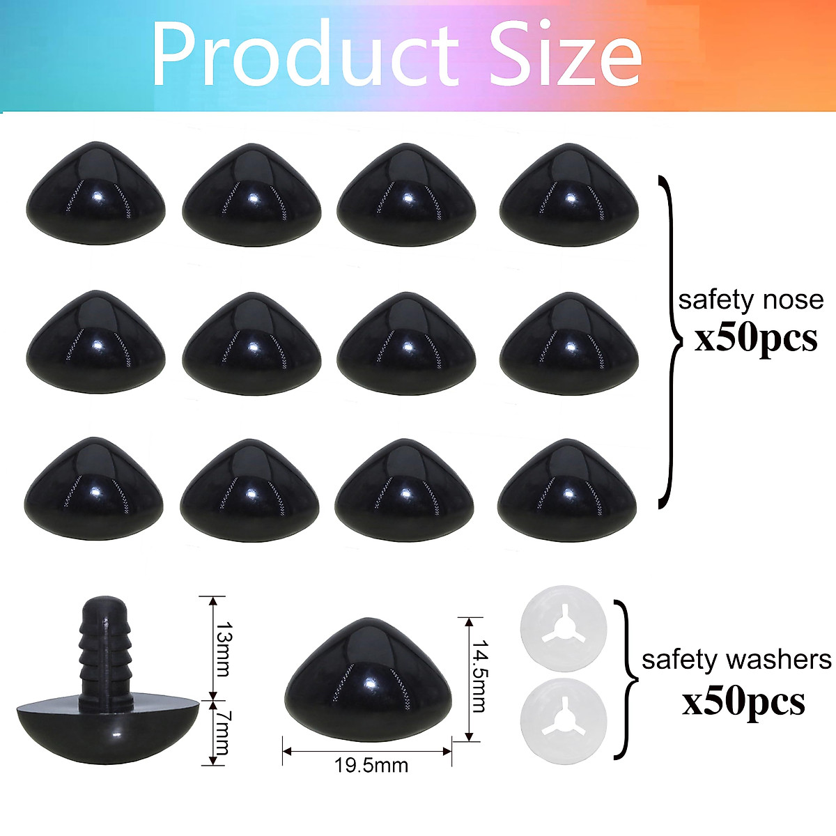 BESTCYC 1 Box(50PCS) 19.5mm Black Plastic D-Type Animal Safety Nose with Washers for Bear, Doll, Puppet, Plush Animal and Craft