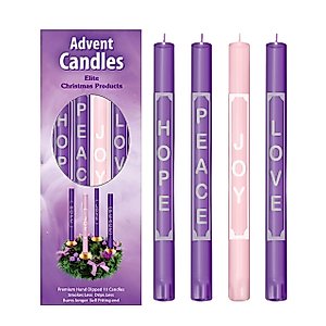 Advent Candles with Words Love, Peace, Hope, Joy On The Candles - Christmas Advent Candle Set of 4 for Advent Rings and Advent Wreaths- Premium Hand Made - Self Fitting End - for Church Advent Wreath