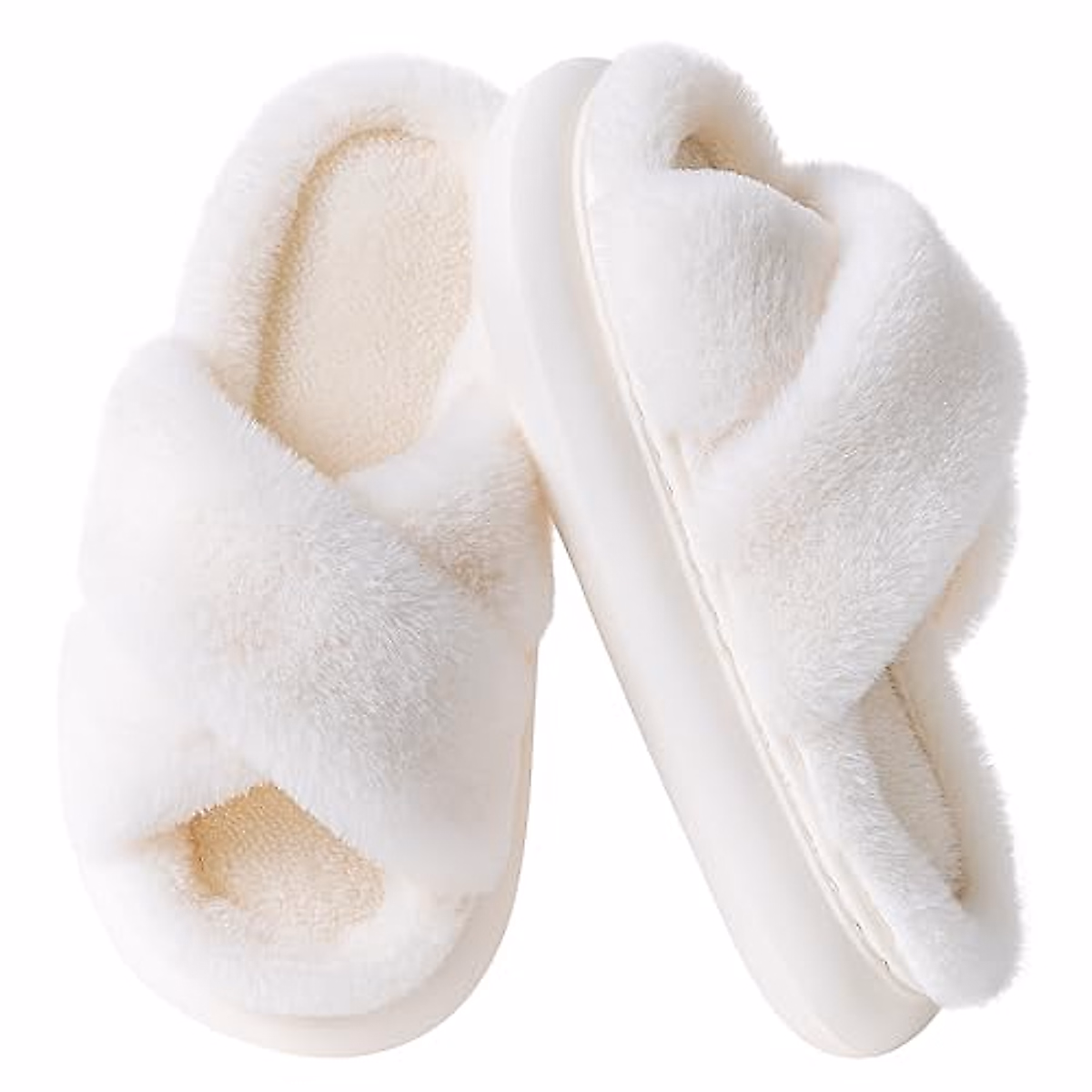 WATMAID Womens Slippers Fluffy Slippers Ultra Soft Open Toe Fuzzy House Slippers Plush Fur Slippers Memory Foam Slippers for Womens Thick Sole,White