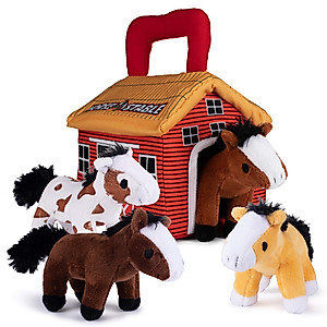 Plush Creations Talking Plush Horse Toys for Kids. Playset Includes Stable Carrier with 4 Cuddly Interactive Talking and Neighing Plush Toy Horses. Best Gift for Girls Or Boys Toddlers and Babies