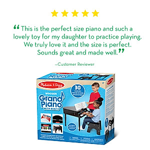 Melissa & Doug Learn-To-Play Classic Grand Piano With 30 Keys, Color-Coded Songbook, and Non-Tip Bench 23.5" x 22.2" x 10"