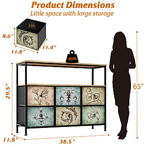 Dresser for Bedroom, 6 Drawer Dressers & Chests of Drawers for TV Stand, Organizer Fabric Storage for Bedroom, Living Room, Hallway, Easy Pull Fabric Bins, Retro Floral Pattern Drawers Wooden Top