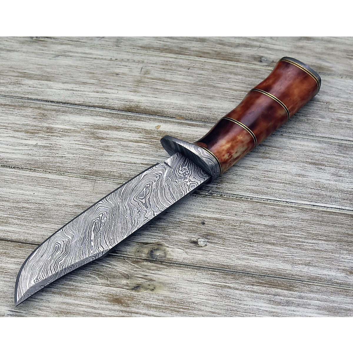 SHOKUNIN USA 7-Inch Full-Tang Damascus Steel Bowie Hunting Knife: Unique Bone Handle with Damascus Guard and Premium Leather Sheath Included