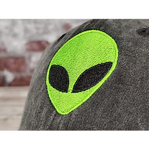 Hepandy Embroidered Green Alien Head Baseball Cap for Kids Women Men, Washed Black Embroidery Trucker Hat, Adjustable Snapback Dad Hats