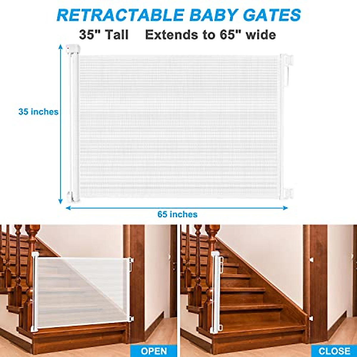 HEELALBABY Retractable Baby Gate for Stair 65" Extra Wide Outdoor Mesh Safety Gate for Dogs or Pets Fabric Indoor Puppy Gates for Doorways