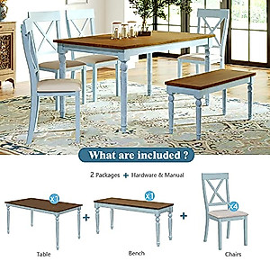 Harper & Bright Designs 6 Pieces Dining Table Set, Kitchen Table Set with Wood Dining Table, Bench and 4 Padded Dining Chairs, Walnut Top+ Light Blue Frame+Beige Seat