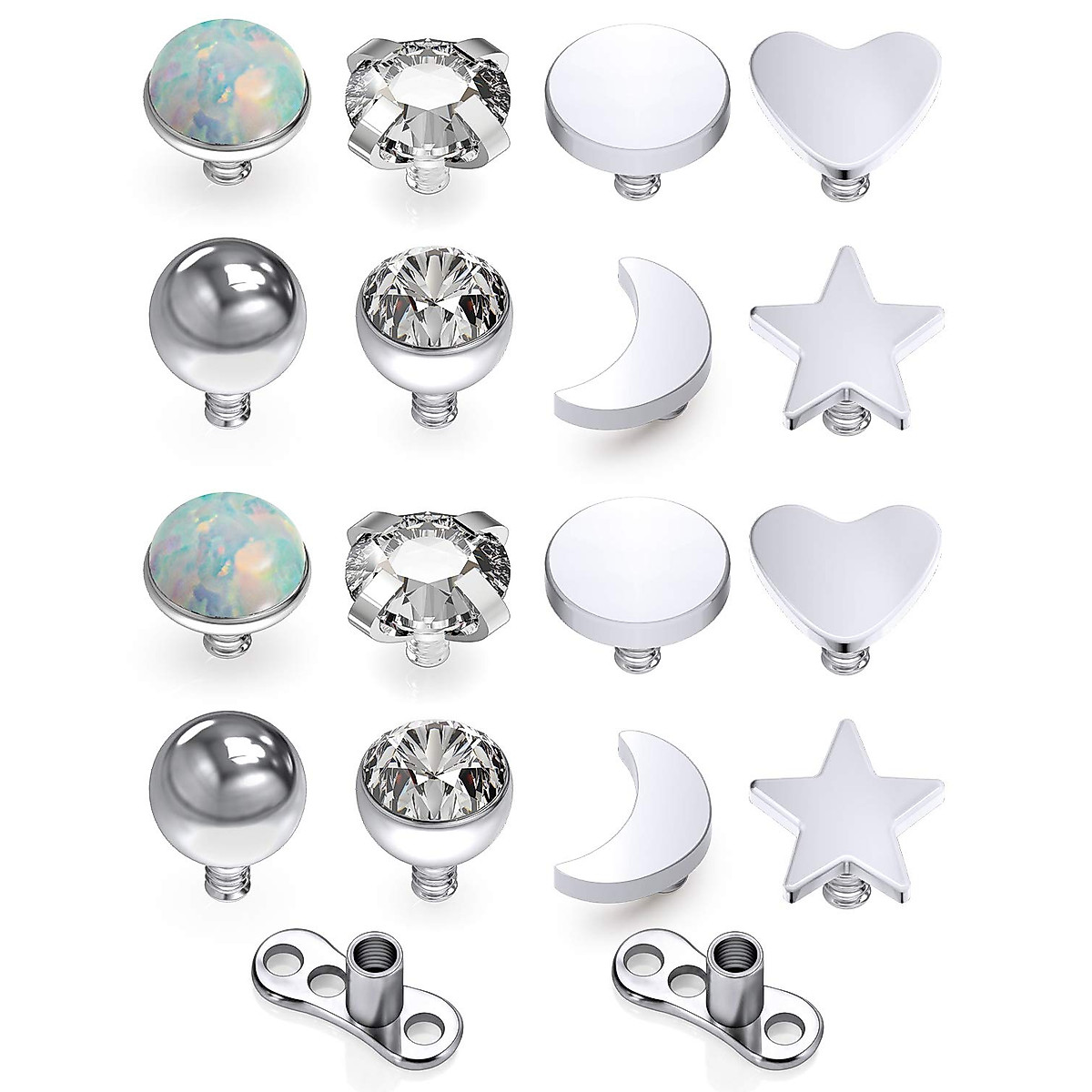 Hoeudjo 18PCS 14g Dermal Anchor Tops and Base Skin Titanium Microdermals Surface Piercing Jewelry for Women Men, Opal/CZ/Ball/Heart/Moon/Star/Flat Top + Bases 4mm