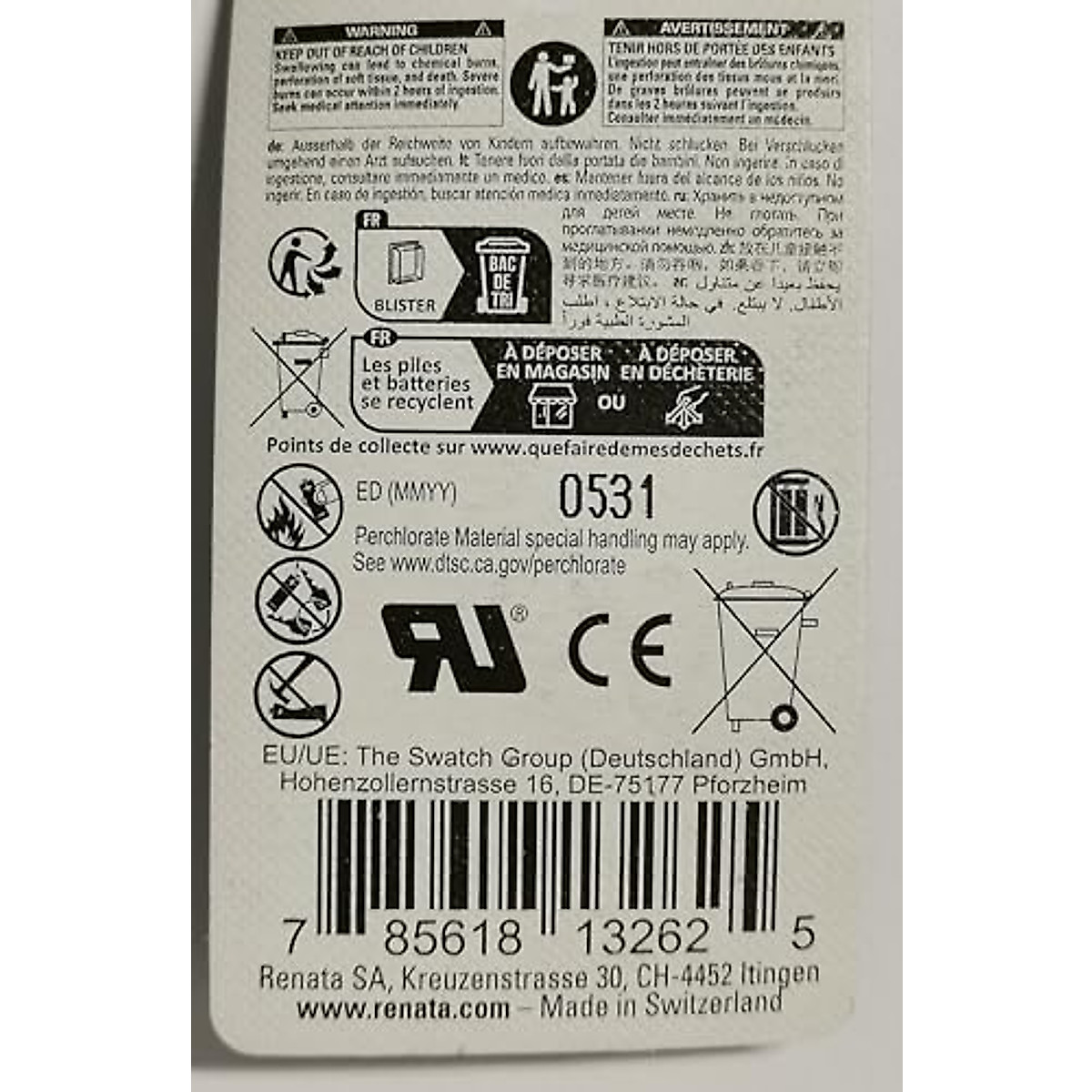 Renata CR12161Pk No. Cr1216 Lithium Coin Battery