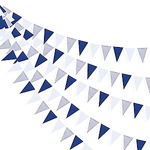 30 Ft Navy Blue White and Silver Party Decorations Royal Blue Triangle Flag Pennant Banner Bunting for Birthday Wedding Bridal Baby Shower Nautical Ahoy Achor Pirate Theme Party Decorations Supplies