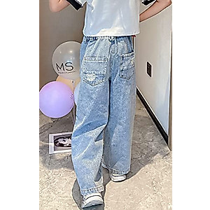 Kids Girls' Casual Wide Leg Baggy Ripped Jeans Cool Loose Fit Distressed Denim Pants Size 5-14 Years(Blue1,12-13 Years)