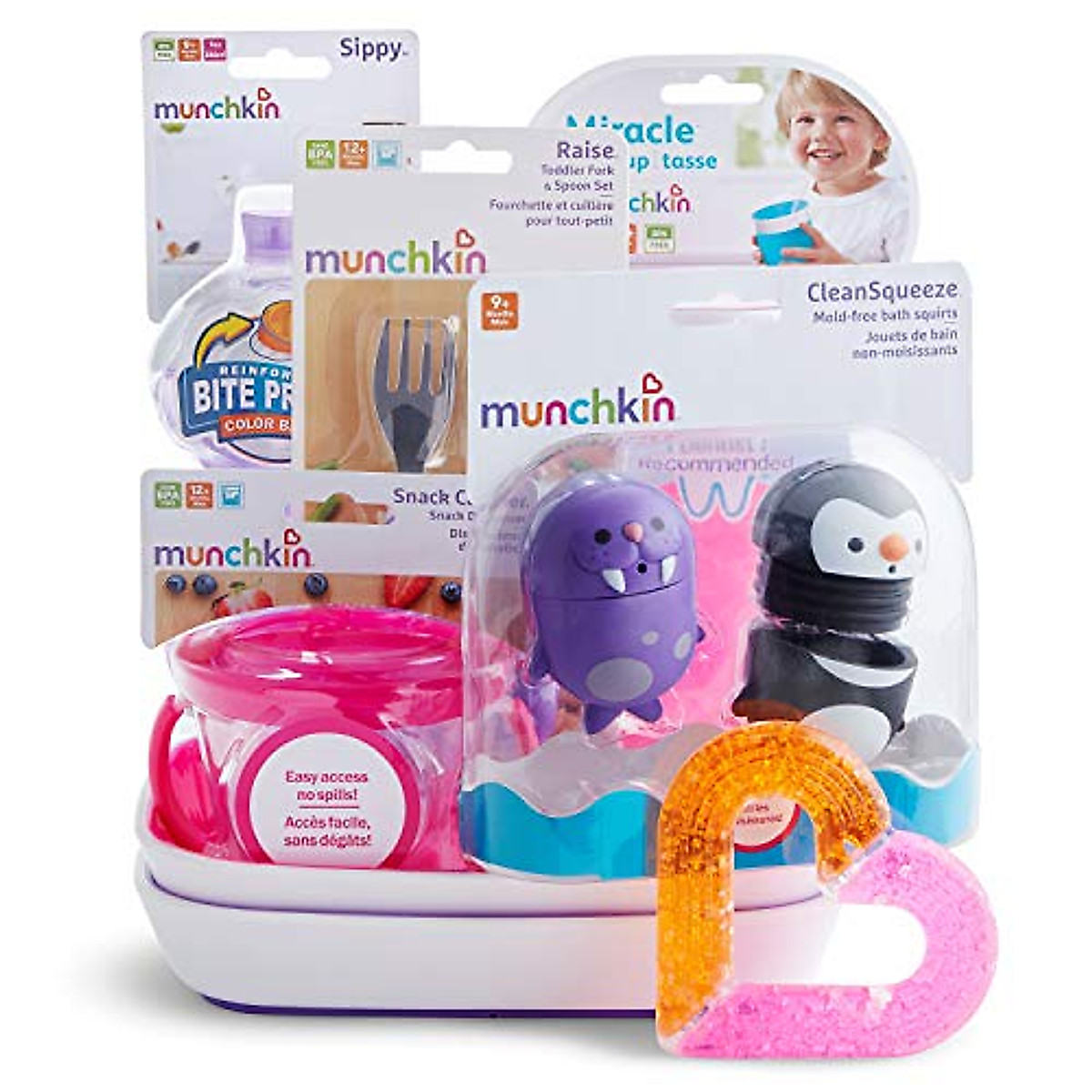 Munchkin® 1st Birthday Gift Basket, Includes Sippy Cups, Plates, Feeding Utensils, Snack Catcher, Bath Toy and Teether, Pink