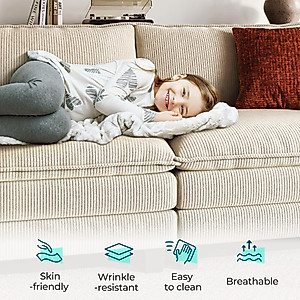 LINSY HOME Sofa Chair with Movable Ottoman - Corduroy Cloud Couch Chair Soft Comfy Modern Sofa Chaise Set Single Sleeper Chair Bed for Living Room Apartment Office (Beige, 1-Seat & 1-Ottoman)