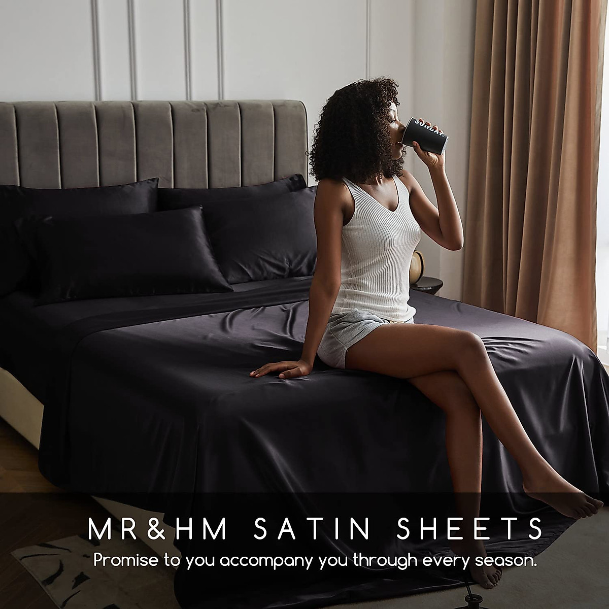 MR&HM Satin Bed Sheets, Full Size Sheets Set, 4 Pcs Silky Bedding Set with 15 Inches Deep Pocket for Mattress (Full, Black)
