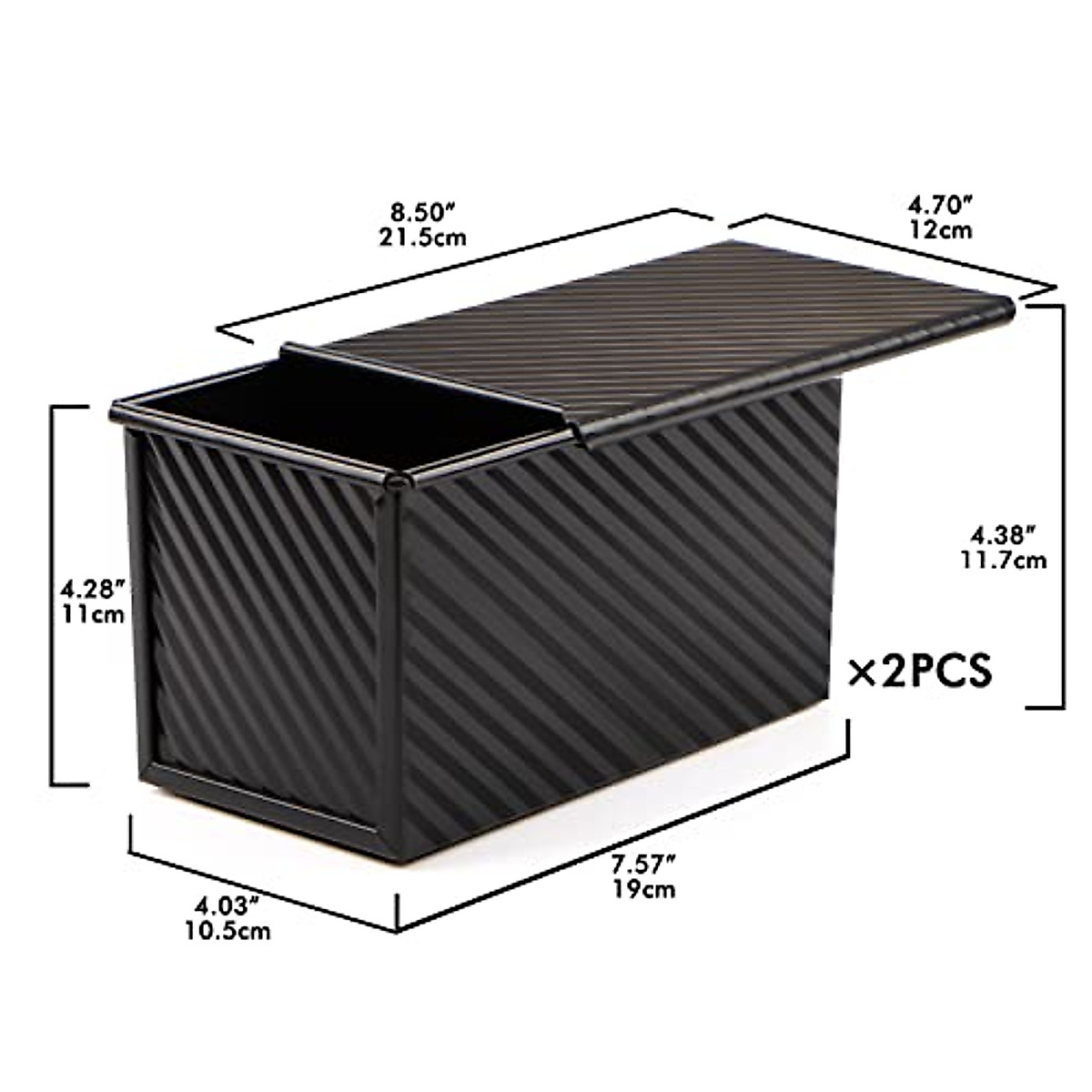 Beasea Pullman Loaf Pan 2 Pack, 1 lb Non-Stick Black Bread Pan with Lid Carbon Steel Corrugated Bread Toast Box Mold with Cover for Bakeware Bread, Baking Tools Bread Mold Toast for Oven Baking