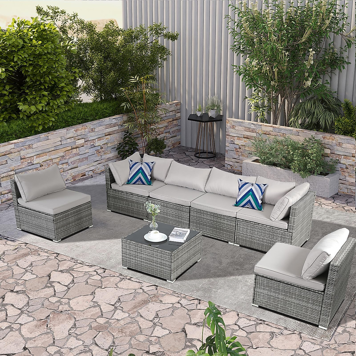 PORWEY Patio Outdoor Furniture Set 7 Pieces Rattan Wicker Sectional Sofa Couch Conversation Set with Table for Deck Lawn, Gray Wicker/Gray Cushion