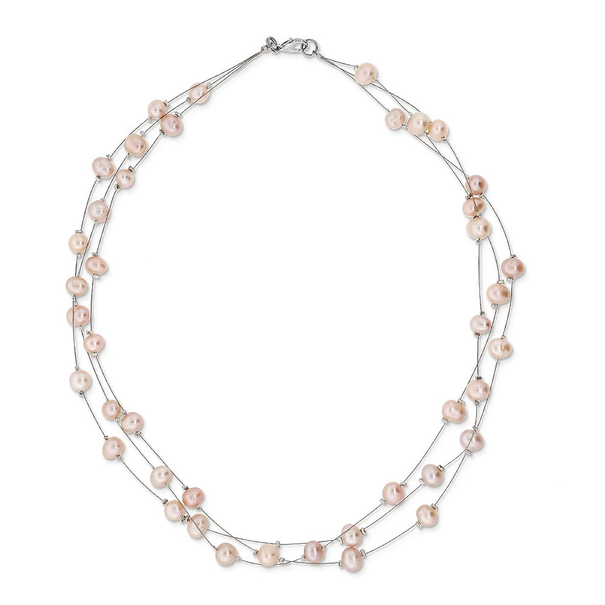 Gem Stone King 3-Row 7-8MM Pink Cultured Freshwater Pearl 18 Inch Necklace and Earrings Jewelry Set For Women