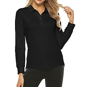 AjezMax Womens Golf Tennis Polo Shirts Long Sleeve Sun Protection Quick Dry Lightweight Casual Button Sports Athletic Tops Black Large