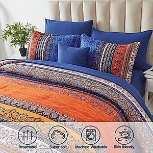 Boho Comforter Set Queen Size 8 Piece Bed in a Bag Burnt Orange Paisley Fall Comforter and Sheet Set Bohemian Striped Bedding Set,Soft Microfiber Complete Bedding Set
