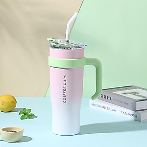 Taumy Large capacitly stainless steel drinking cup with handle and straw, Reusable, Easy to clean, Leak-proof andinsulated travel mug (Pink)