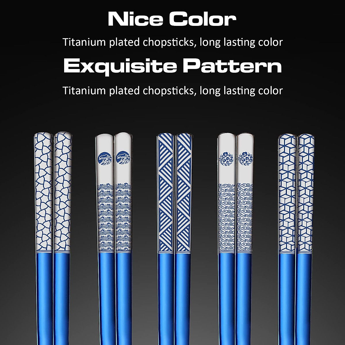TIICOO Metal Chopsticks Reusable 18/8 Stainless Steel Chopsticks Laser Engraved Premium Titanium Chop Sticks Dishwasher Safe Lightweight Japanese Korean Chopsticks 5 Pairs Gift Set (Blue)