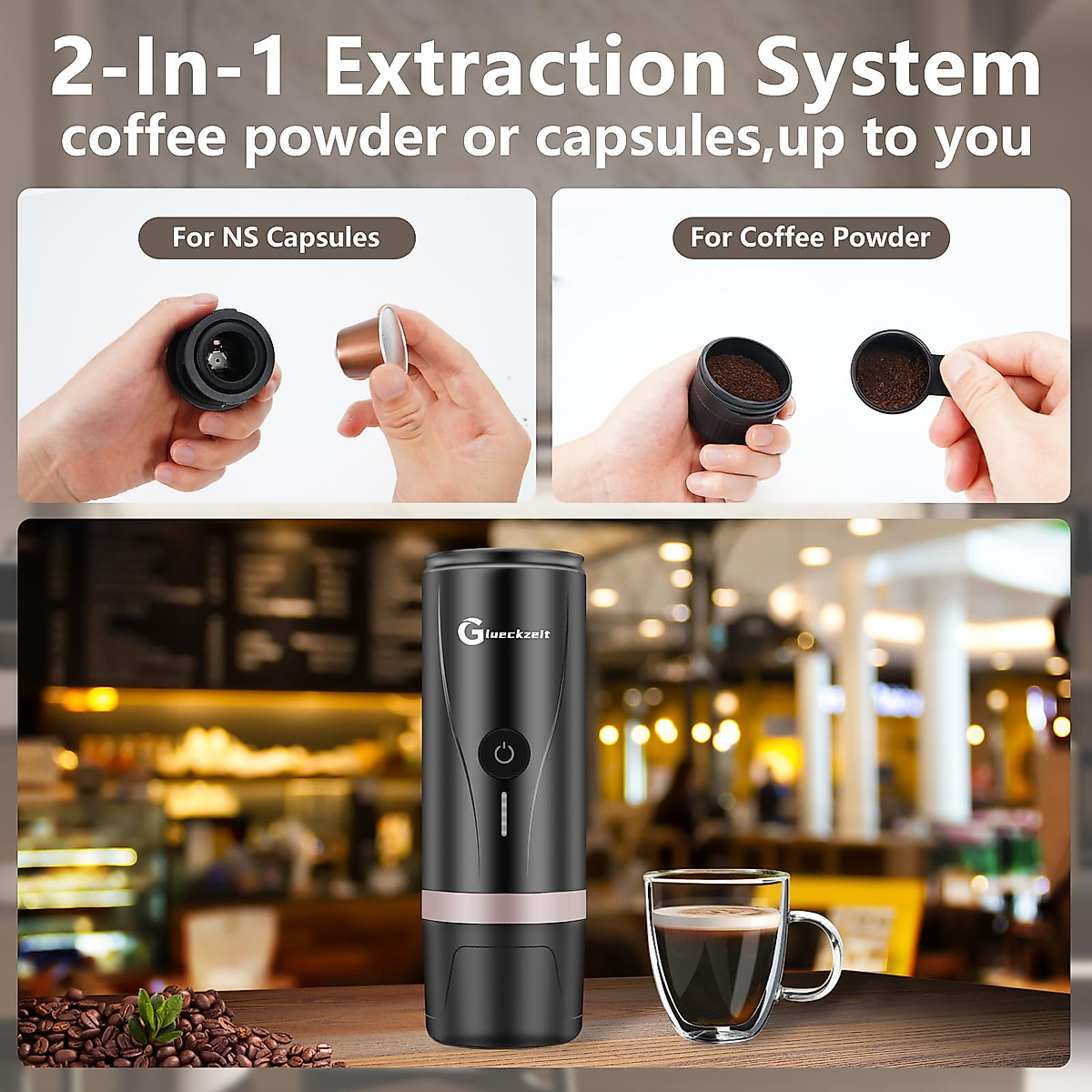 Glueckzeit Portable Electric Espresso Machine with 3-4 Min Self-Heating Rechargeable Coffee Maker, 20 Bar Pressure Compatible with NS Capsule & Ground Coffee for Travel, Camping, Office, Home