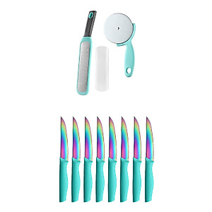 Marco Almond MA62 Cheese Graters Set of 2 + Marco Almond KYA47 Rainbow Titanium Serrated Stainless Steel Steak Knives Set of 8