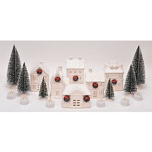 Mark Feldstein & Associates Holiday Wreath Village with Trees, White Unglazed Porcelain LED Christmas Figurines, 18 Piece Set