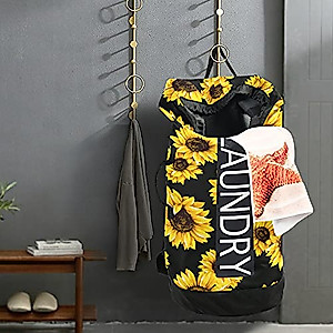Black Sunflowers Laundry Bag Backpack Bags Mesh Wash Laundry Bags Dirty Clothes Organizer for College,Travel,Camp,Dorm Essentials