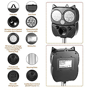 Animal Repellent Outdoor Solar Powered, Jahy2Tech Waterproof Ultrasonic Repeller, Motion Sensor, Flashing Lights, Alarm Horn for Vole Rat Mouse Cat Dog Rodent Bird Squirrel Deer (Black)