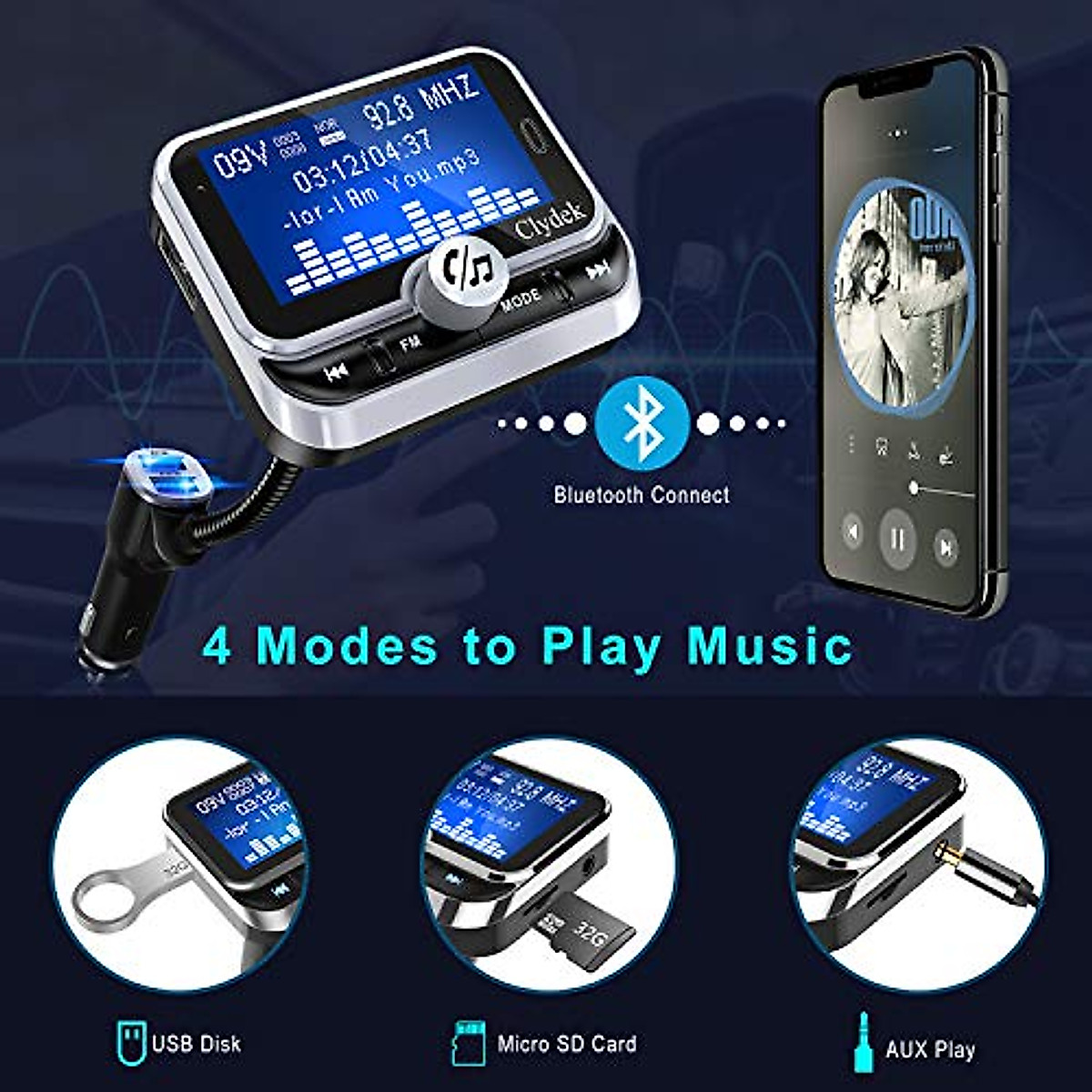 Bluetooth FM Transmitter for Car, Clydek Car Charger Adapter 1.8” Large Display Bluetooth Car Adapter, 4 Music Play Modes,Fast Charger,Hands Free,AUX Input&Output