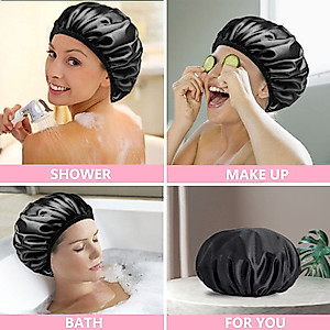 Terry Cloth Shower Cap,G.traveller Large Triple Layer Bathing Cap with Dry Hair Function Microfiber Shower Cap for Women with Silky Satin 100% Waterproof Reusable Bonnets (Black)