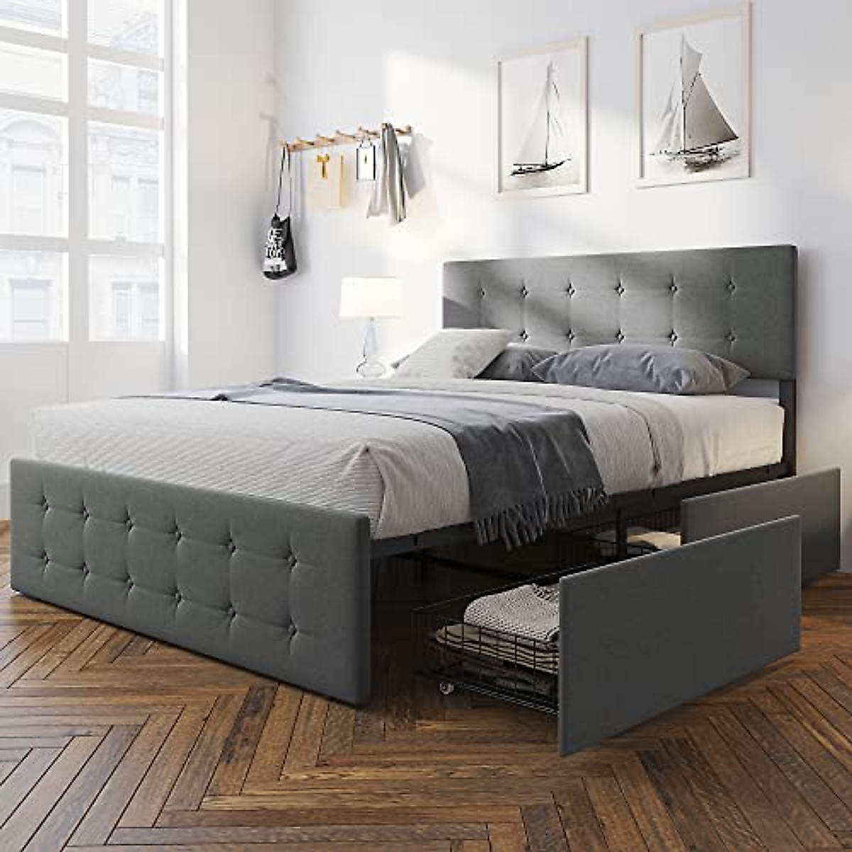 coucheta Queen Bed Frame with 4 Storage Drawers,Grey Queen Size Platform Upholstered Bed Frame with Headboard and Wooden Slats Support,No Box Spring Needed (Queen)
