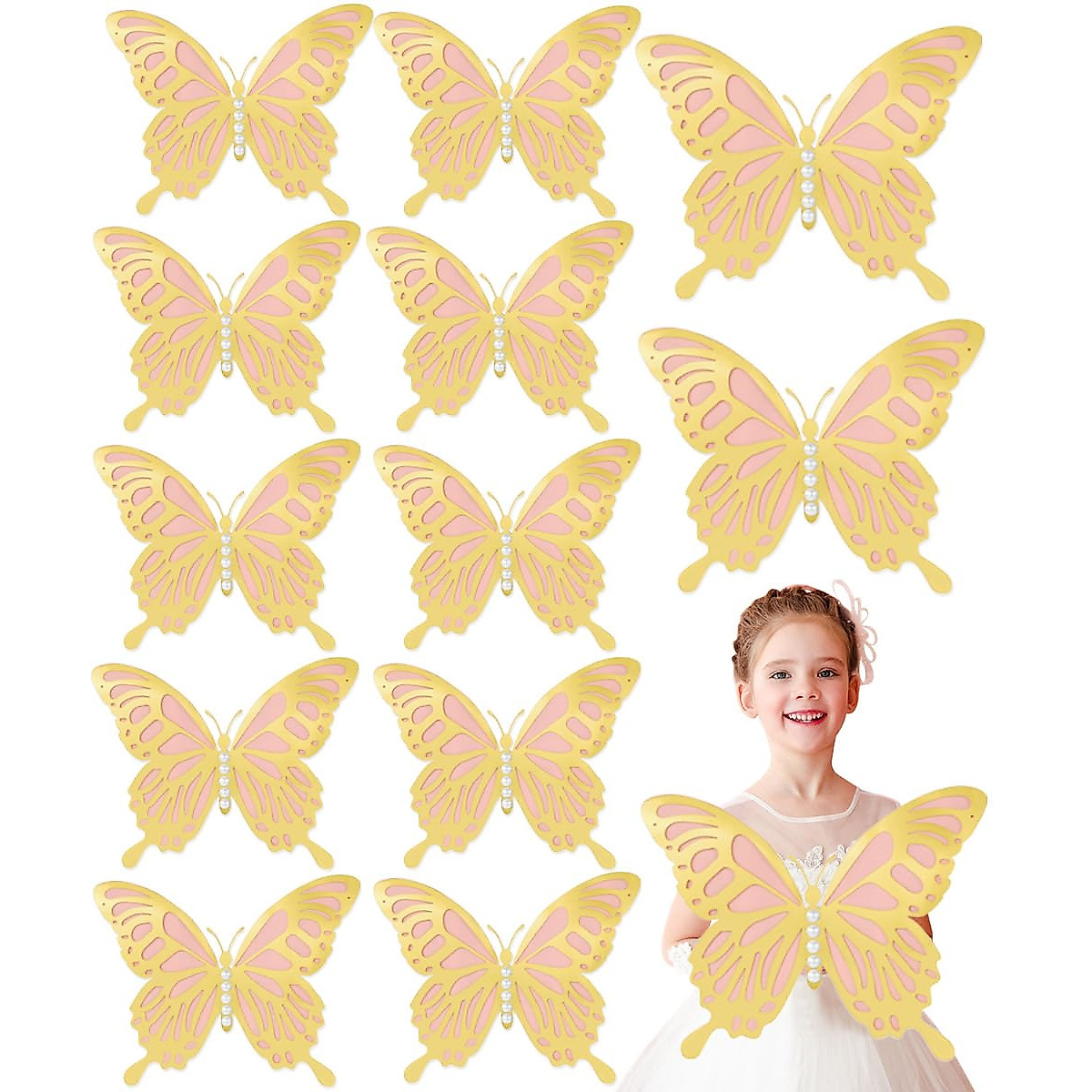 HMASYO 12 Pcs Large Butterfly Party Decoration with Pearls, Gold Pink Big Paper Butterflies in 2 Size, 3D Giant Butterfly Prop Decoration for Birthday Baby Shower Nursery Bedroom Wedding