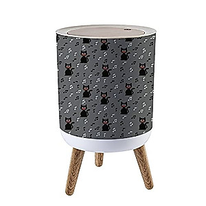 IBPNKFAZ89 Bathroom Trash Can with Lid Seamless with a Black Singing cat Surrounded by Notes on a Gray Small Garbage Bin Wood Waste Bin Press Cover Round Wastebasket for Bedroom Office Kitchen