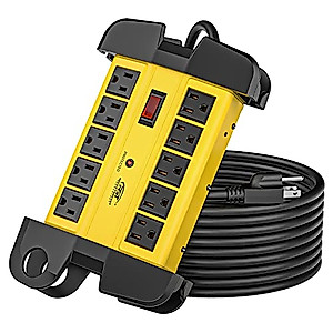 CRST 10-Outlets Heavy Duty Power Strip Metal Surge Protector with 15 Amps, 15-Foot Power Cord 2800 Joules for Garden, Kitchen, Office, School, ETL Listed(3165047) (10-Outlet, Yellow)