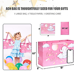 VGOODALL 13" Large Baby Girl Boy Gift Bags, Birthday Party Favor Bag with Tissue Paper Ribbon Greeting Card Pinkish Purple Baby Girl Boy Gift Bag for Gender Reveal Party Newborn 1st Birthday