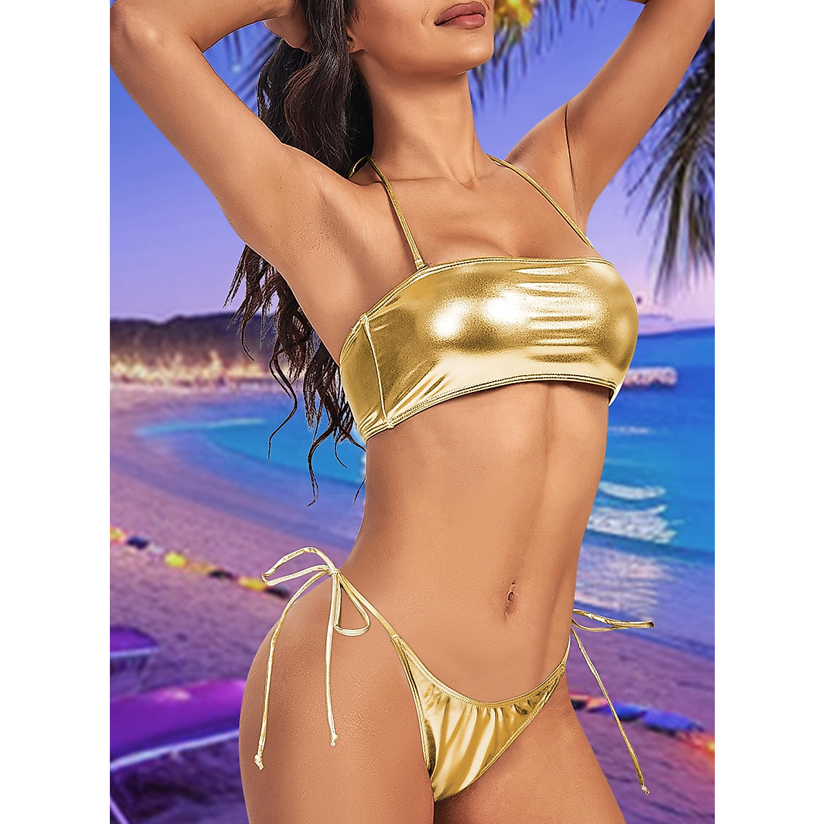 Metallic Bikini for Women - Sexy Shiny Swimsuits Detachable Strap Halter Tube Bandeau Top Side Tie Thong Bottom Set(Gold, XS, 10256e)