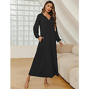 Marvmys Womens Cotton Long Night Gown Long Sleeve Nightshirt Sleepwear with Pockets Black L