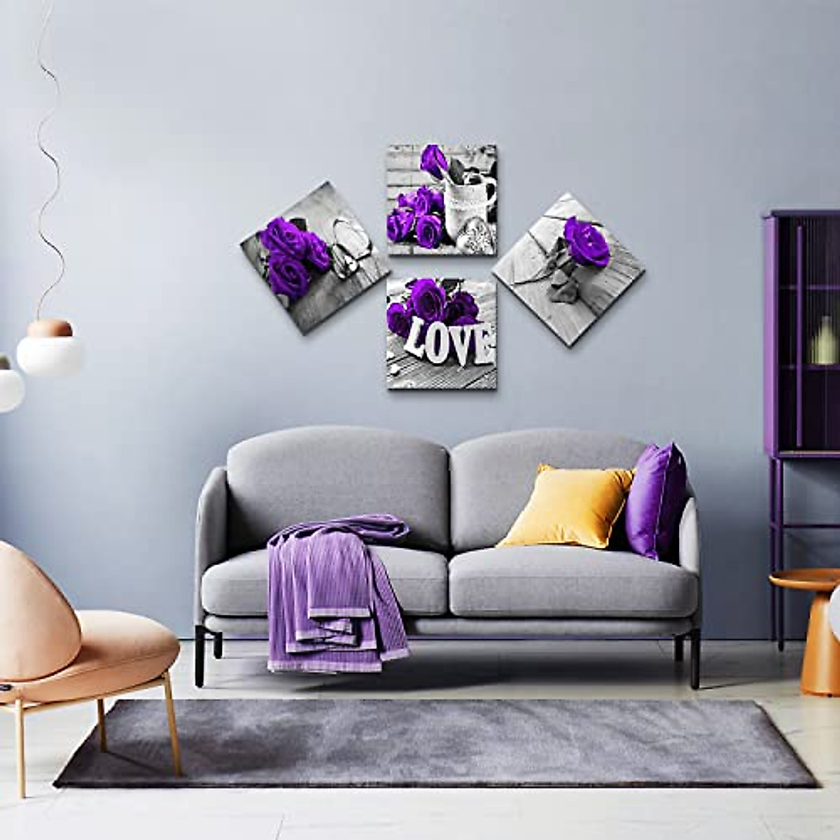 Purple Pictures Wall Decor Flowers Canvas Wall Art for Couples Bedroom Romantic Rose Bathroom Painting Black and White Grey Love Themed Floral Poster Living Room Modern Home Decorations 12x12" 4 Pcs