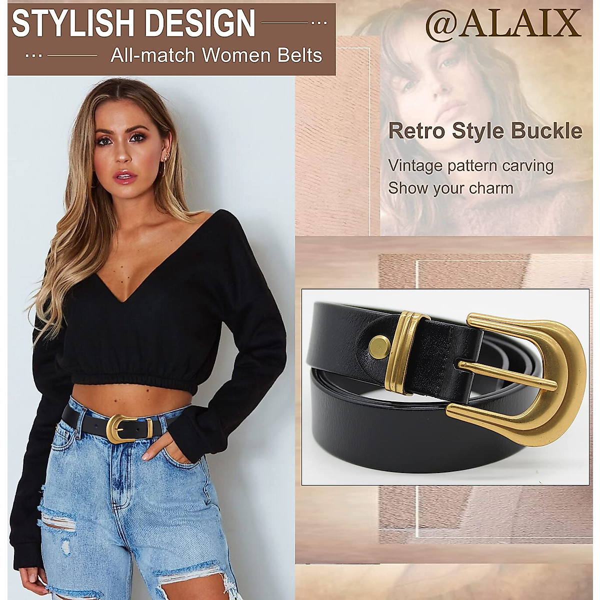 ALAIX Women's Belt Western Belts Silver Gold Buckle Black Leather Belt Pants Jeans Belts for Women