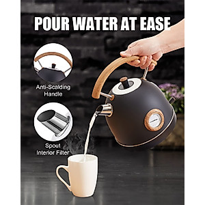 Electric Kettle, Talafa 1.7L / 1500W Electric Tea Kettles for Boiling Water, Stainless Steel Hot Water Boiler with Thermometer, Auto Shut-off & Boil-Dry Protection, Anti-scald Wood Handle, Black