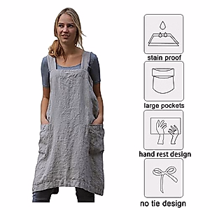 ZQFFB Pinafore Cross Back Apron for Women with Pockets Japanese Smock for Work Gardening Cooking Painting Baking