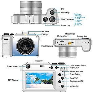 Digital Camera Dual Cameras with WiFi Autofocus Function Digital Cameras for Photography YouTube Streaming Grid Design, 32G TF Card Flas Light